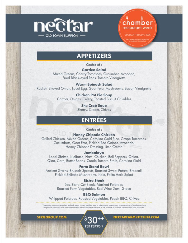 Chamber Restaurant Week Menu - Bluffton - Nectar Farm Kitchen